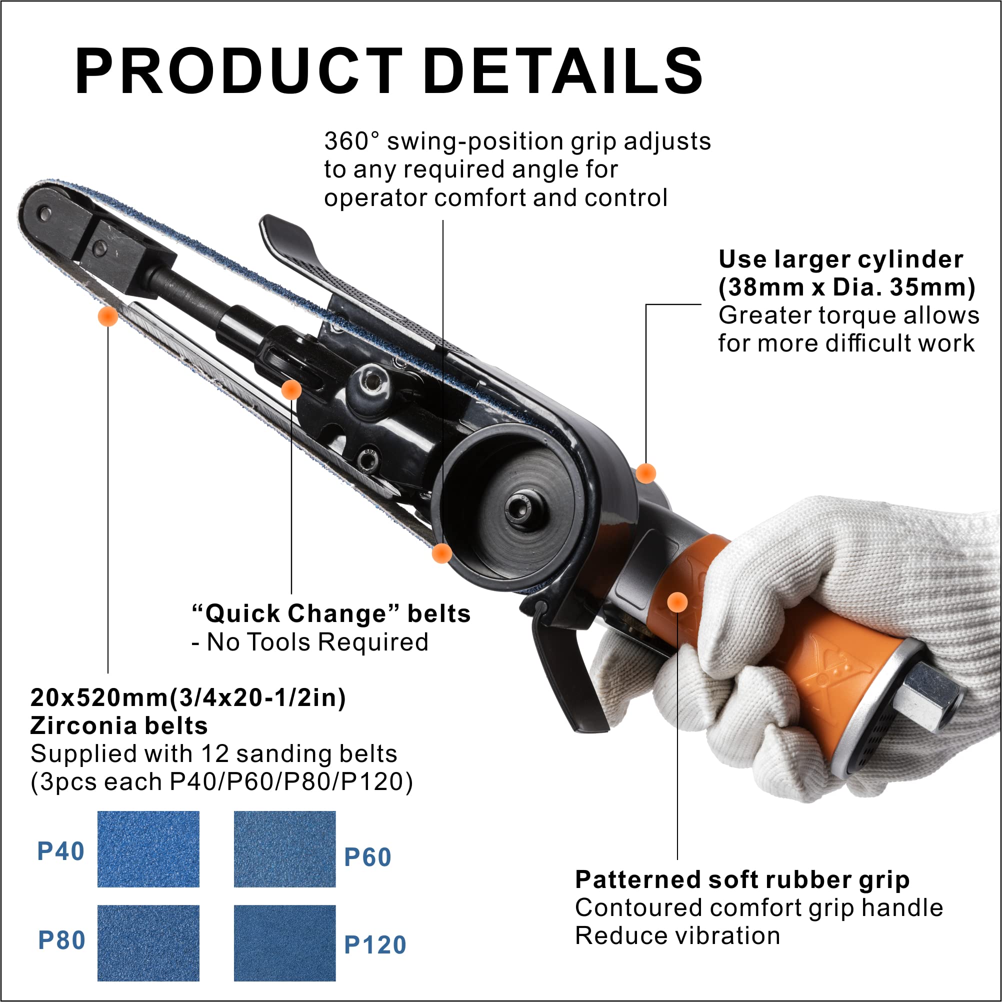 Air Belt Sander 3/4" x 20-1/2" Belt Size Pneumatic Tool with 12pc Belts (#40, 60, 80 & #120), Good for Deburring, Sanding and Finishing (3/4" x 20-1/2" Sander)