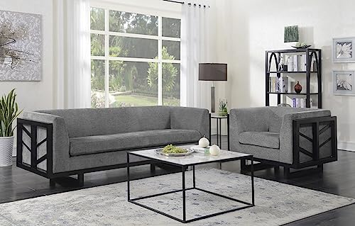 Iconic Home Arianna Sofa Linen-Textured Upholstery Espresso Finished Lattice Wood Frame, Modern Transitional, Grey