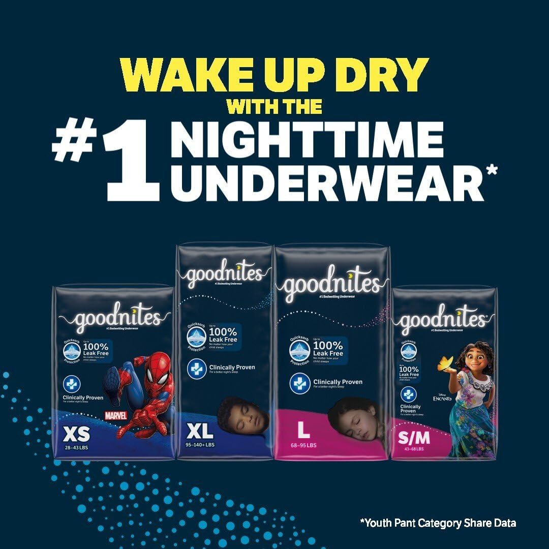 Goodnites Boys' Nighttime Bedwetting Underwear, Size Extra Small (28-43 lbs), 15 Ct, Packaging May Vary
