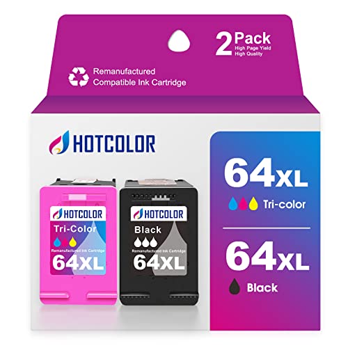 HOTCOLOR 64XL Ink Cartridges Replacement for HP Ink 64 XL Black and Color for hp Envy 7855 Ink cartridges Envy Photo 7155 Ink (1Black/1Tri-Color, 2Pack)