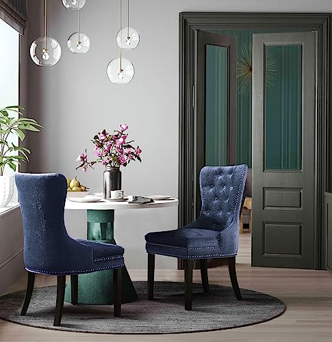 Iconic Home Diana Dining Side Accent Chair Button Tufted Velvet Upholstery Nail Head Trim Tapered Espresso Wood Legs, Modern Transitional, Set of 2, Blue