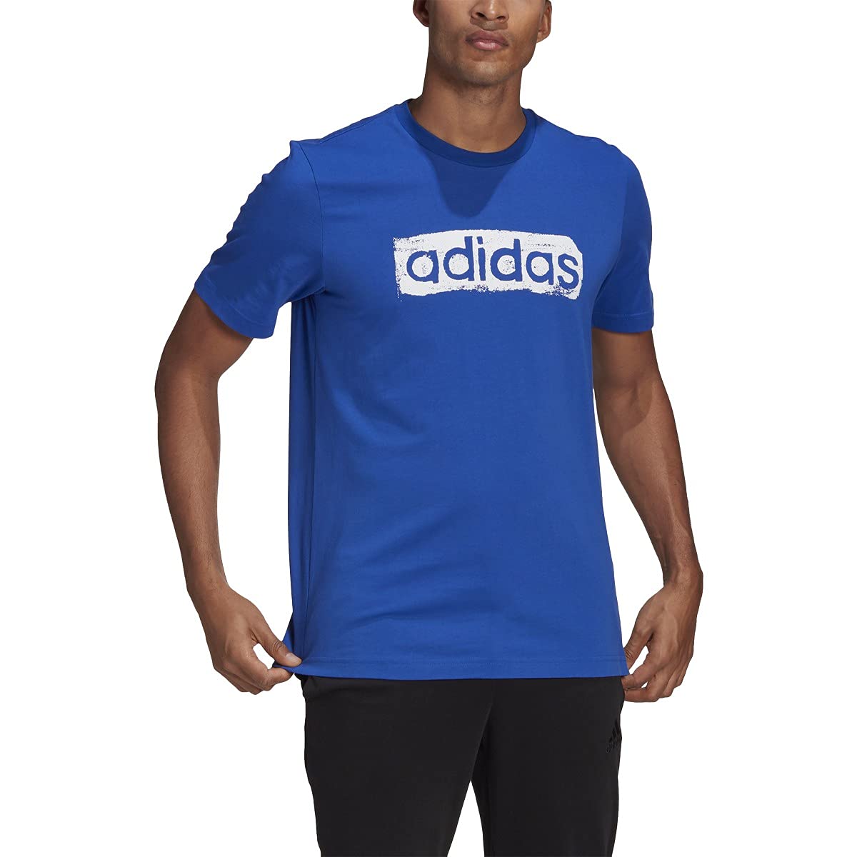 ADIDAS Men's Essentials Embroidered Linear Logo Tee Blue/White (as1, Alpha, l, Regular, Regular, Standard, Blue/White)