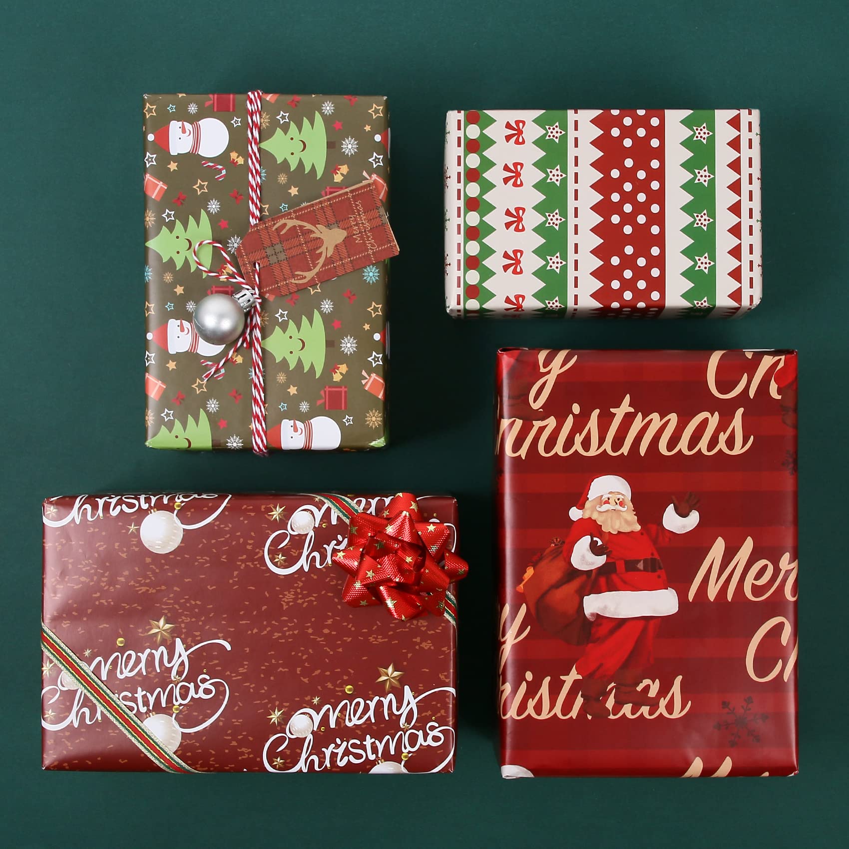 Aimyoo Vintage Red Green Christmas Wrapping Paper Jumbo Roll, Xmas Gift Wrap Paper 17 in x 32 ft, Snowflakes Bows Stars Dots Stripes Design