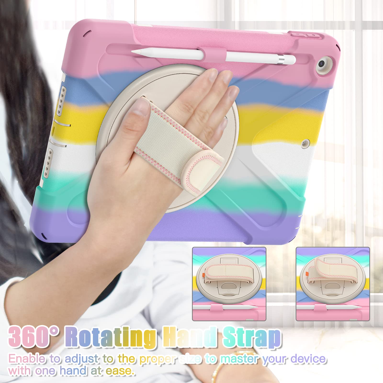 TSQQST iPad 9th 8th 7th Generation Case for Kids Girls 2021 2020 2019 | iPad Case 10.2 Inch Pink Colorful Cute w/Pencil Holder Screen Protector Stand Hand Shoulder Strap for iPad 9th/8th/7th Gen