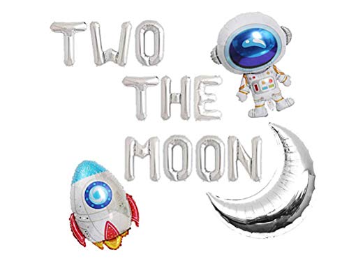 AnnoDeel Two The Moon Balloons, 16inch Silver Letter foil Balloons Large Moon Man Robot UFO Theme for 2nd Years Old Brithday Party Supply Decoration