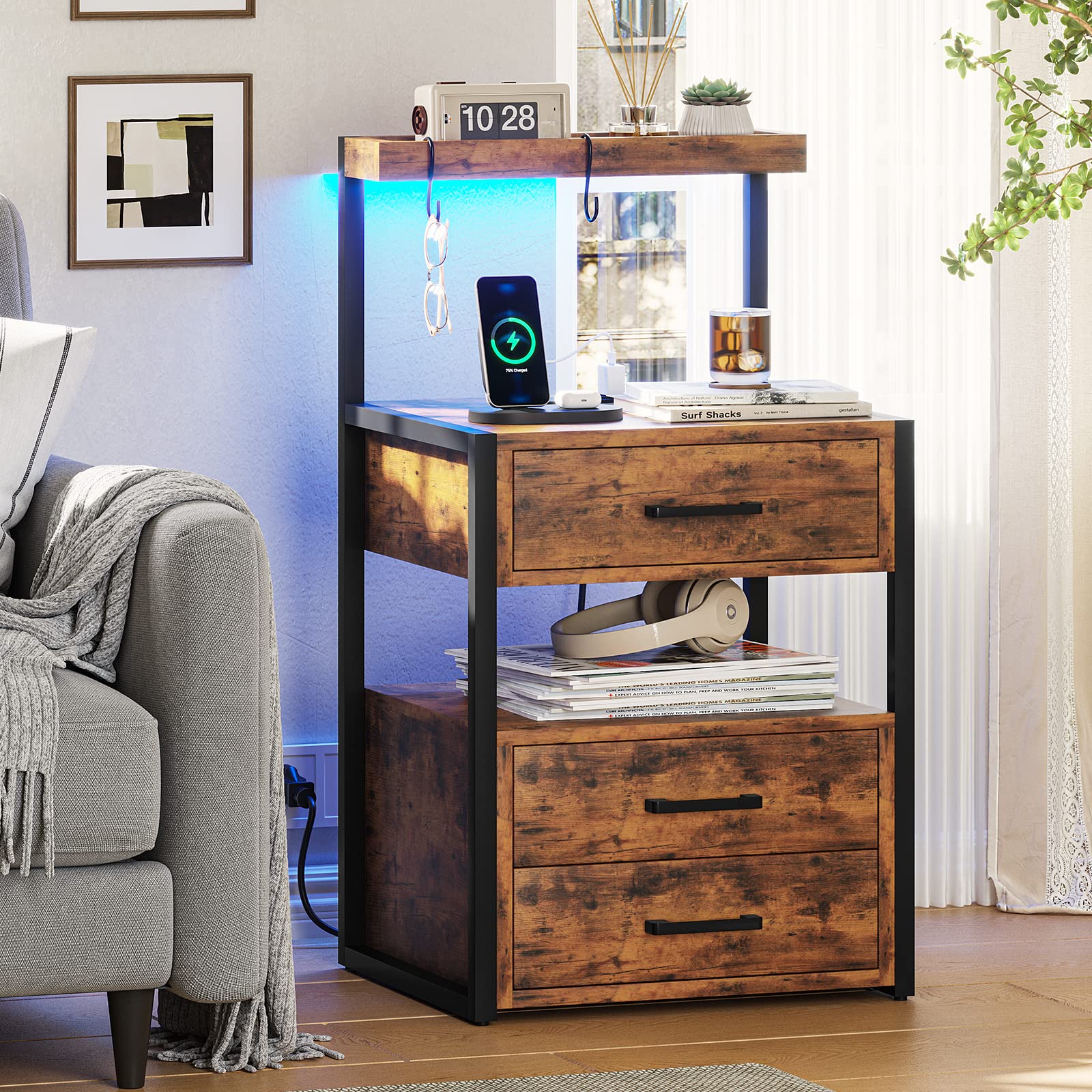 AOGLLATI Nightstand Set of 2 with Charging Station and LED Lights, Bedside Table with 3 Drawers and Open Storage Shelves, 2 USB Ports and 2 AC Outlets, LED Night Stand for Bedroom, Rustic Brown