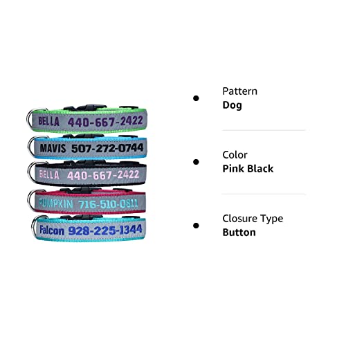 LovelyDog Embroidered Personalized ID Collar, 4 Adjustable Sizes: Extra-Small, Small, Medium, Large with Dog Name Phone#, Reflective Pet Pink Collars for Boy & Girl Dogs, X XS M L XL