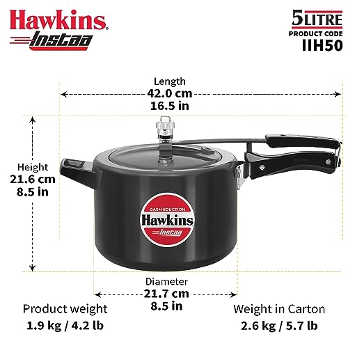 Hawkins 5 Litre Instaa Pressure Cooker, Induction Inner Lid Cooker, Tall Body Hard Anodised Cooker, Best Black Cooker, Black (IIH50)