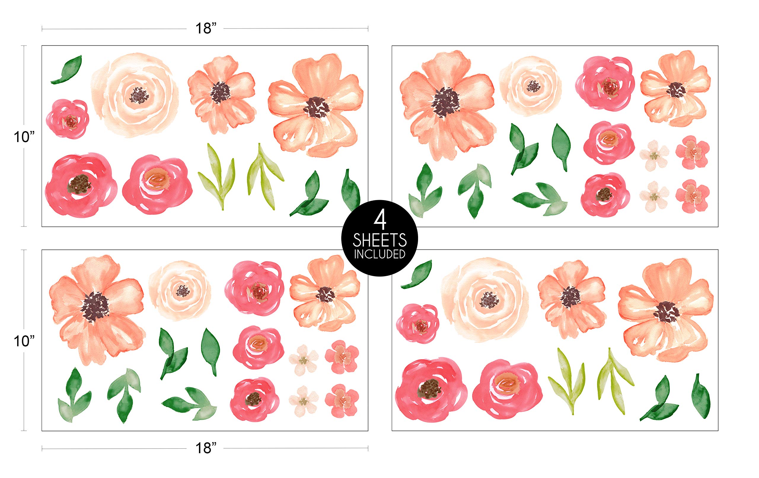 Sweet Jojo Designs Peach, Green and White Wall Decal Stickers for Peach Watercolor Floral Collection - Set of 4 Sheets - Pink Rose Flower