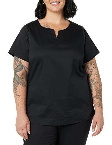Amazon Essentials Women's Classic Fit Split Neck Crew Scrub Top (Available in Plus Size), Black, Large