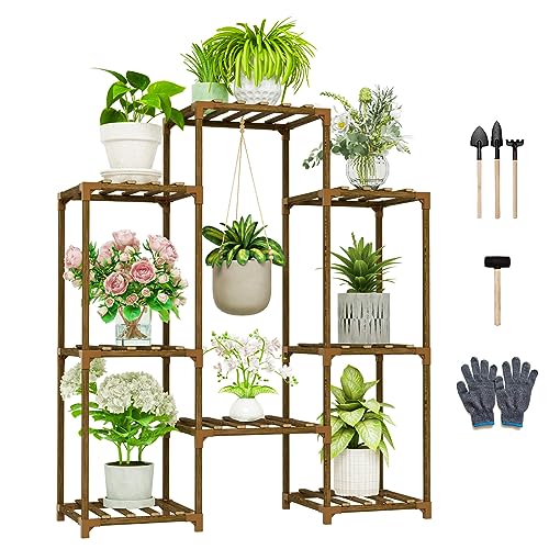 Bamworld Hanging Plant Stand Indoor Large Plant Shelf Outdoor Plant Rack Wooden Tiered Plant Holder for Multiple Plants for Window Garden Balcony Patio Living Room