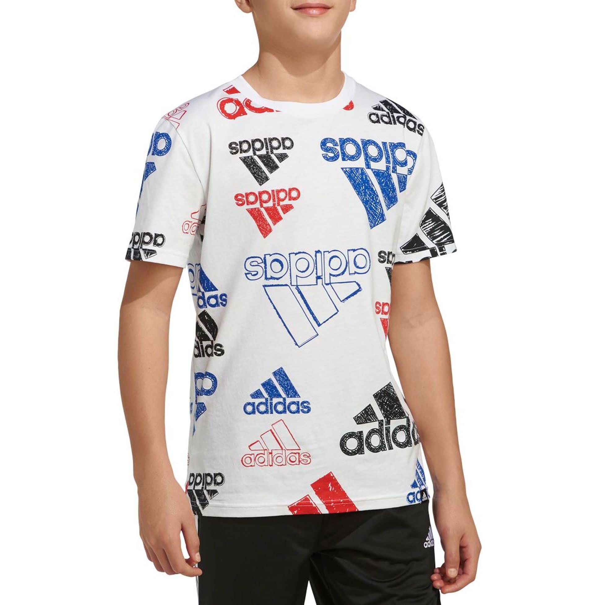 adidas Boys' Brand Love Sketch T-Shirt (Large, White/Multi)