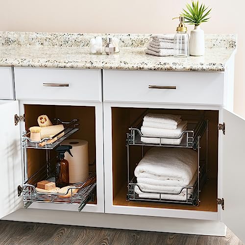 Household Essentials Glidez Slide Out Cabinet Organizer, 14.5β Wide, Durable Chrome-Plated Steel Frame, Dual Baskets and Smooth Glides, Heavy-Duty and Space-Optimizing, Simple Assembly and Installation, Chrome