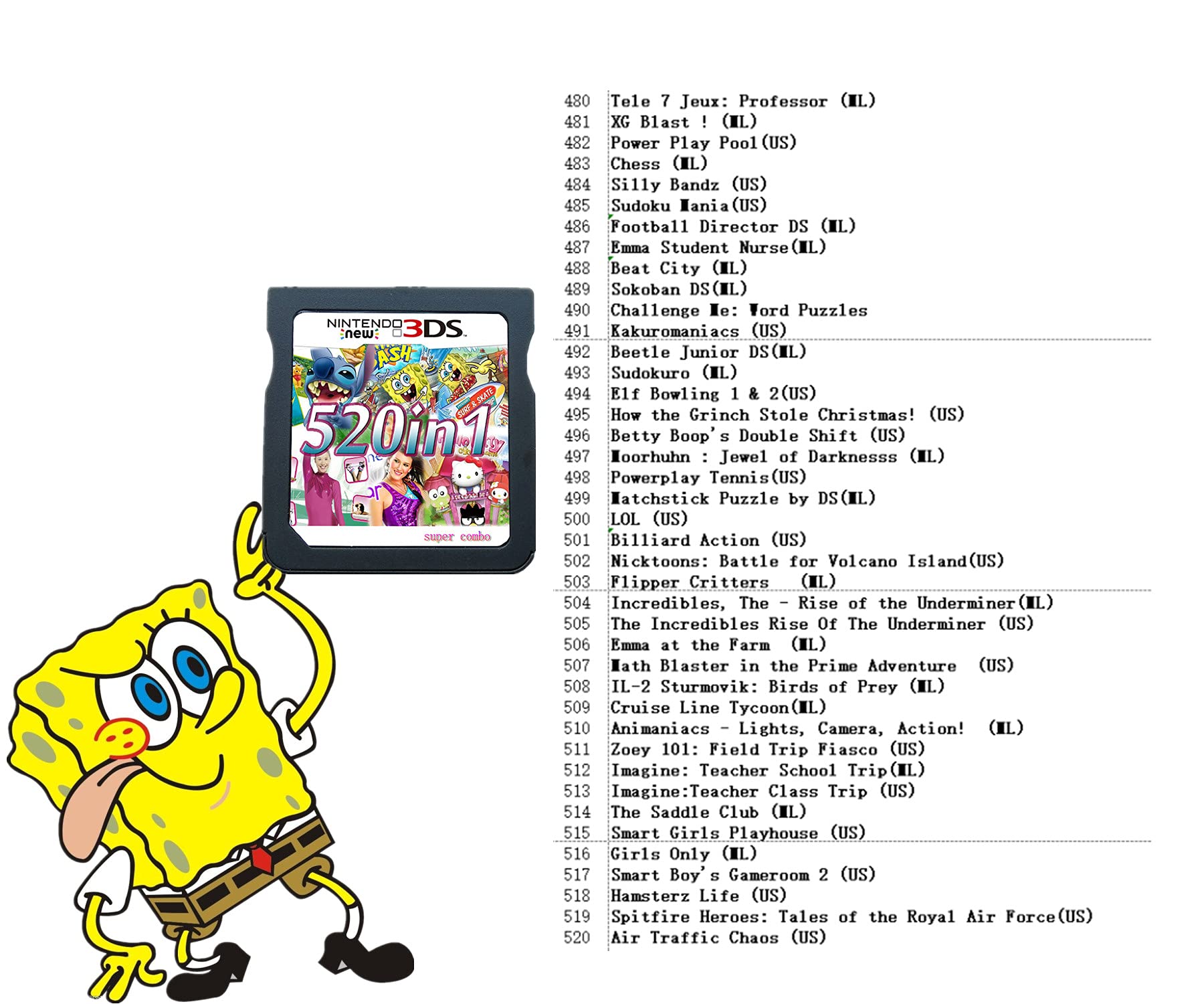 520 In 1 NDS Game Pack Card Compilations, Super Combo Multicart DS Game Card for Nintendo DS, NDSL, New 3DS, 2DS, New 2DS, NDSi, NDSi LL/XL, 3DS, 3DSLL/XL
