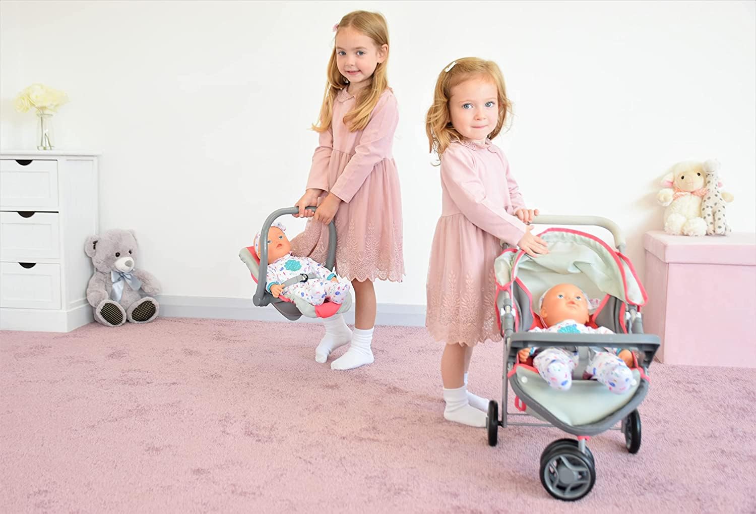 KOOKAMUNGA Baby Doll Stroller Travel System - Retractable Canopy, Feeding Tray, Soft Handle & Swivel Wheels - Pink Gray