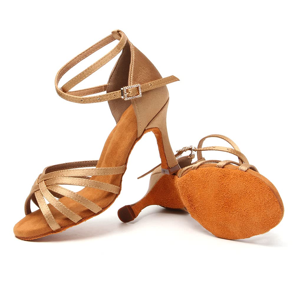 AOQUNFS Women Latin Dance Shoes Satin Professional Ballroom Salsa Practice Performance Dancing Shoes,213,Beige-8.5,US 8.5