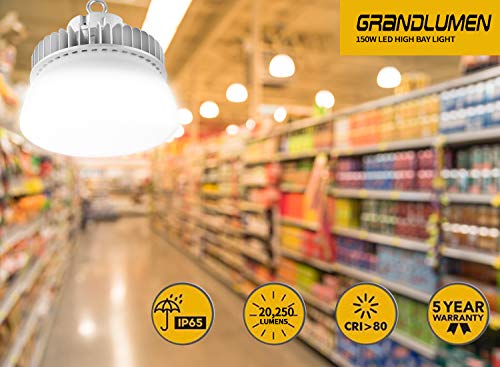 GRANDLUMEN 150W LED High Bay UFO Light, ETL Certified, 4000K Daylight, LED Warehouse Lighting with PC Reflector