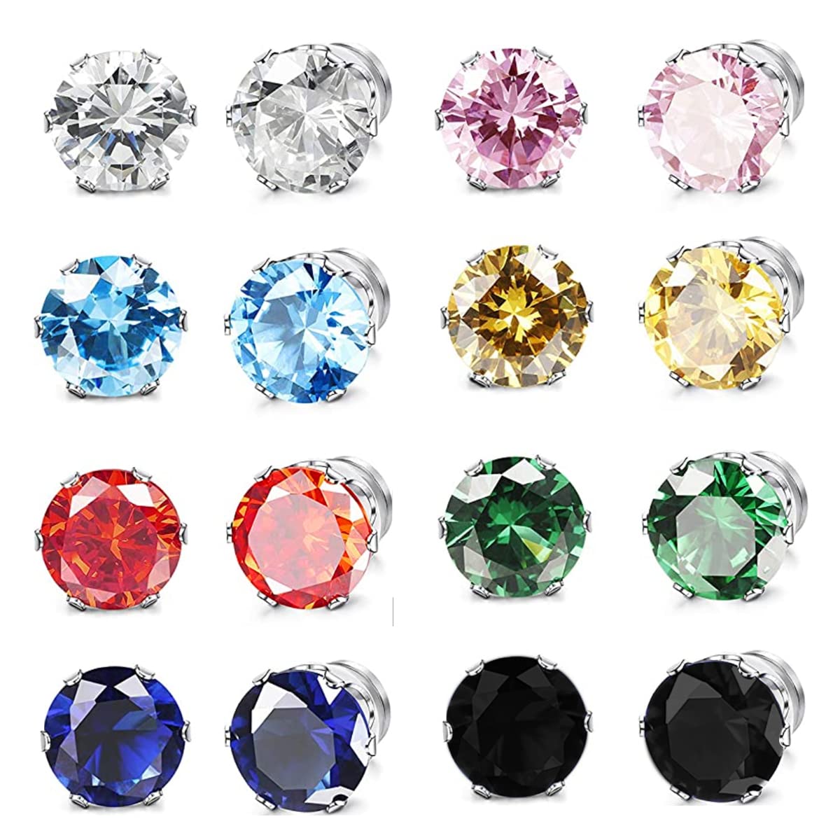 8 Pairs Stainless Steel Non-piercing Stud Earrings Colors Cubic Zirconia Magnetic Stud Earring Set for Women Men (6mm)