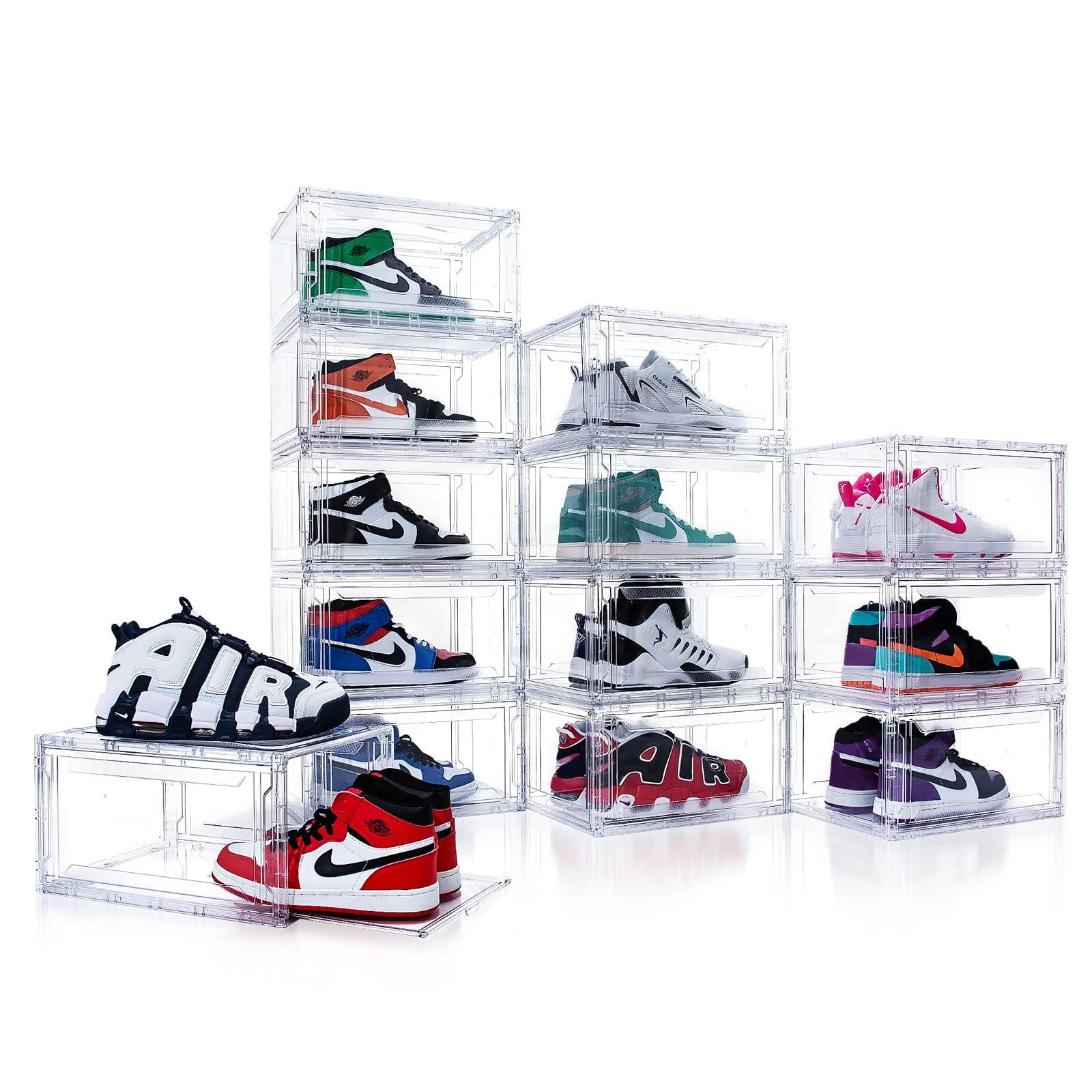AOHMPT Upgraded 12 Pack Shoe Box,Acrylic Clear Shoe Boxes,Drop Front Shoe Storage Box,Clear Plastic Stackable Sneaker Box,Shoe Containers,Shoe Display Case,Sneaker Storage,Fits Up to Size 15
