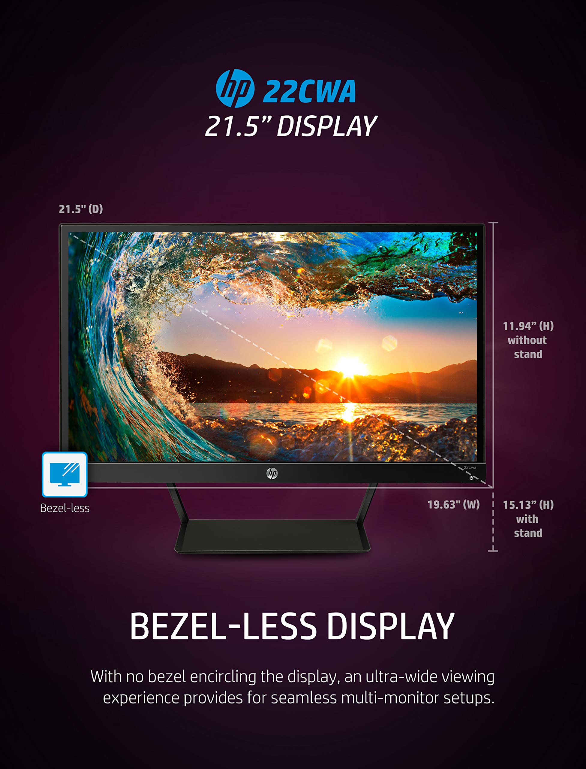 HP Pavilion 22CWA 21.5 IPS LED Monitor 1920x1080 Full HD HDMI VGA (Renewed)