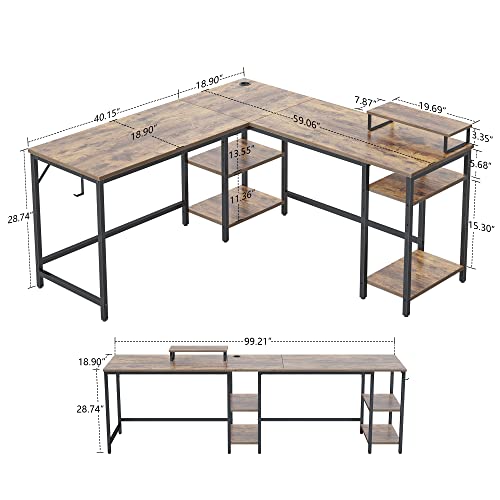 CubiCubi L Shaped Desk with Storage, 94.8 Inch Reversible Corner Computer Desk or 2 Person Long Table Desk, Home Office Large Gaming Writing Storage Workstation with Monitor Stand, Rustic Brown