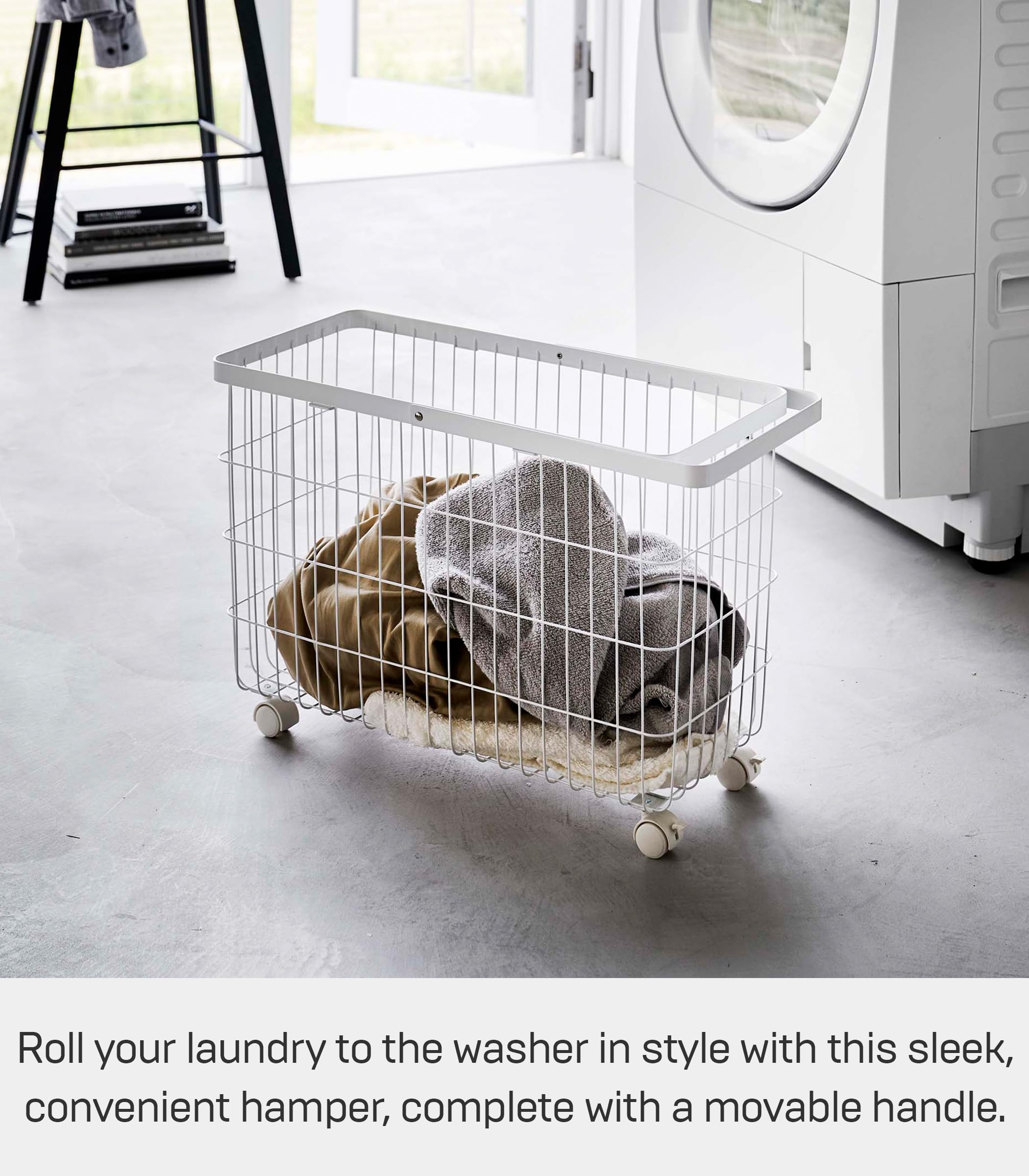 Yamazaki Home Tower Small Rolling Laundry Basket Metal Hamper Cart With Wheels And Handle, 14.8" - Steel - 9.8 Gallons, 35 Liters