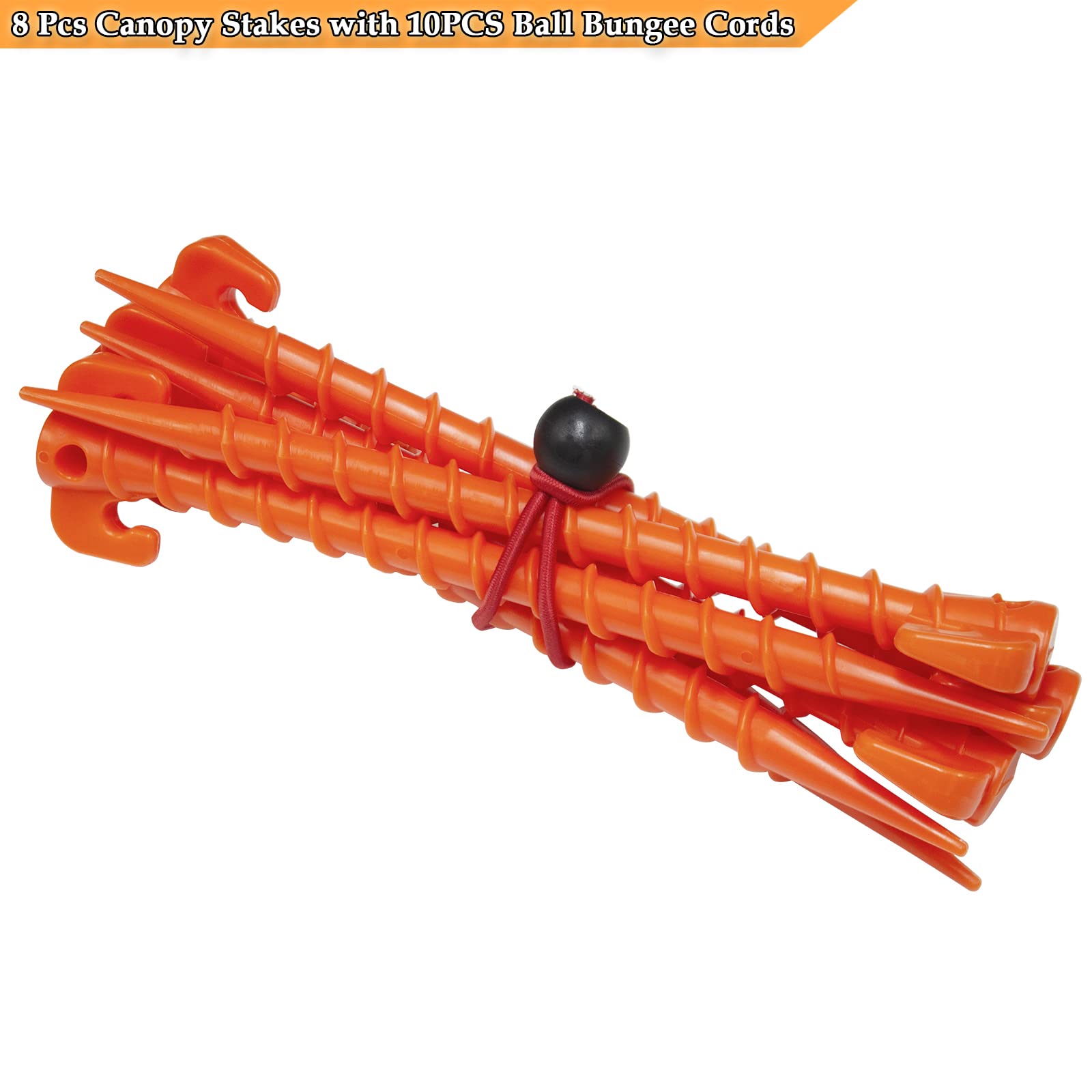 8 Pcs 10 inch Canopy Stakes Spiral Plastic Tent Pegs with 10PCS 6inch Ball Bungee Cords Red Elastic String Cord with Black Ball
