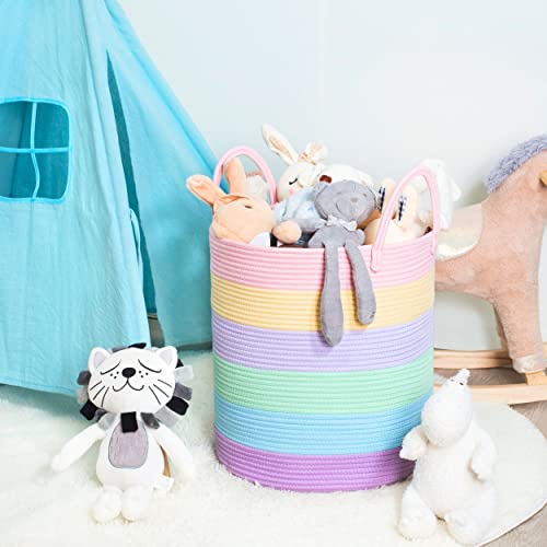 MINTWOOD Design Large Decorative Woven Cotton Rope Basket, Tall Laundry Basket Hamper, Blanket Basket for Living Room, Storage Baskets for Toys, Towel, Throw, Pillow, 60L Pastel Rainbow