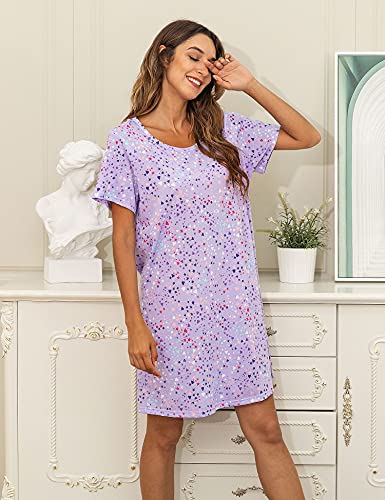 ENJOYNIGHT Sleepwear Women's Nightgown Printed Sleep Shirt Short Sleeve Sleep Tee Cotton Nightshirt (Purple,1X-2X)
