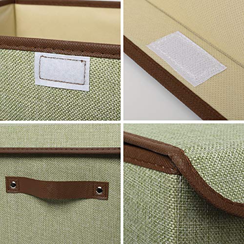 UUJOLY Large Storage Bins Linen Fabric Foldable Basket Cubes Organizer Storage Box Drawer with Lid and Handles for Home, Office, Closet, Bedroom, Nursery((Green-2pcs))