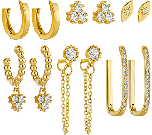 6Pair Small Gold Huggie Hoop Earrings for Women,14K Gold Plated Earring Set, Huggies Earrings, Cartilage Hoop Earring, Trendy Dainty Tiny Cubic Zirconia Beaded Chain Twisted Earrings Packs (Gold Color-A)