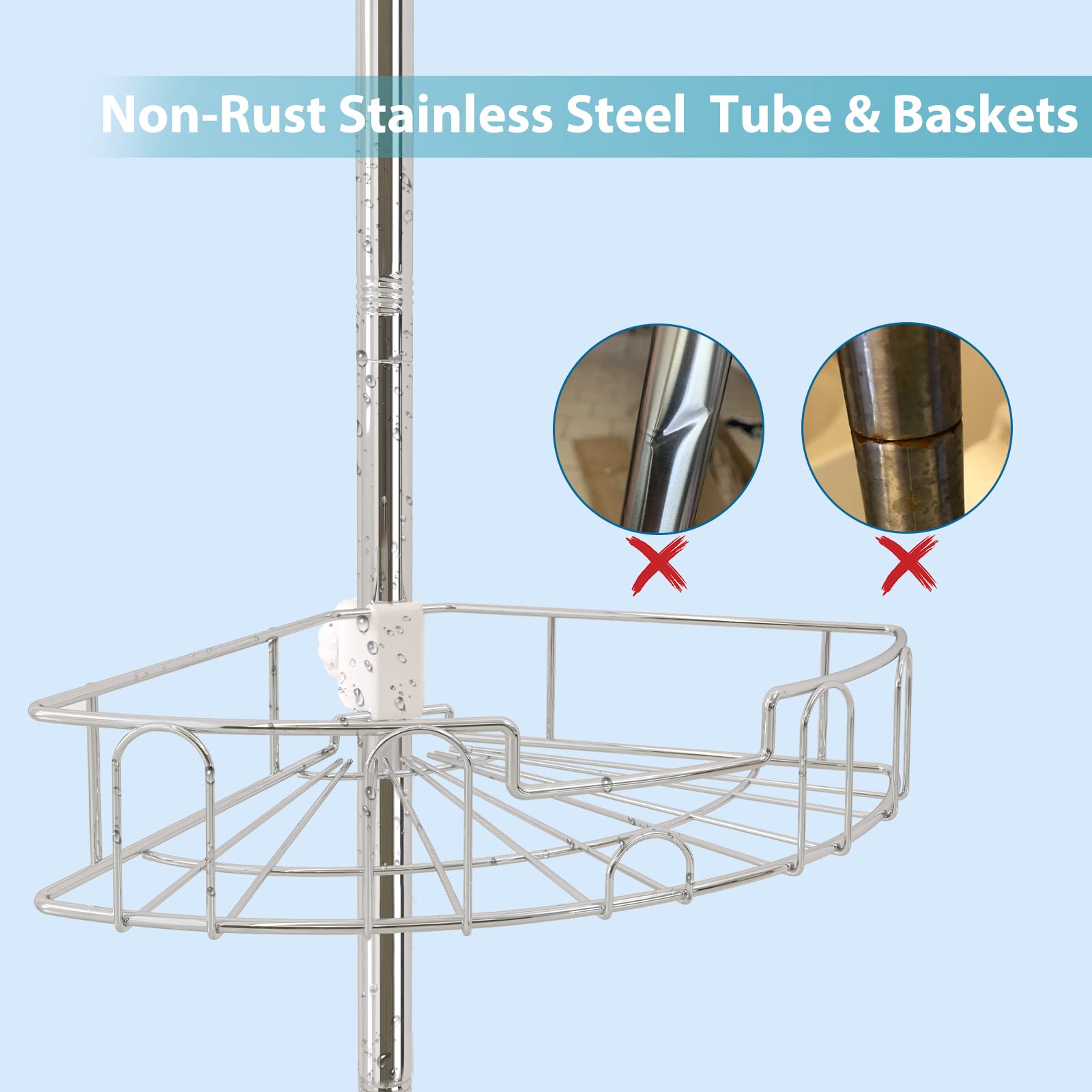 Tension Shower Caddy , Stainless Steel Corner Shower Caddy Stand Storage Organizer with Rustproof Tension Pole for Bathroom Bathtub Shampoo Soap Plants, 4 Tier Adjustable Shelves, 54 to 125 Inch