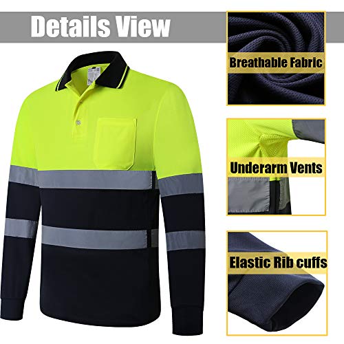 ANSI Class 2 Hi Vis Shirts Yellow Navy Long Sleeve Reflective Polo Shirt Safety Work Shirt for Construction Men and Women (Yellow Navy, Medium)