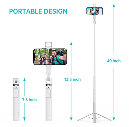 Ambertronix 40β Selfie Stick Tripod Quadrapod, Onboard Light, Wireless Bluetooth Remote, Extendable, Stainless Steel, 3 Light Modes, 9 Brightness Levels, Compatible with All iPhone & Android Devices