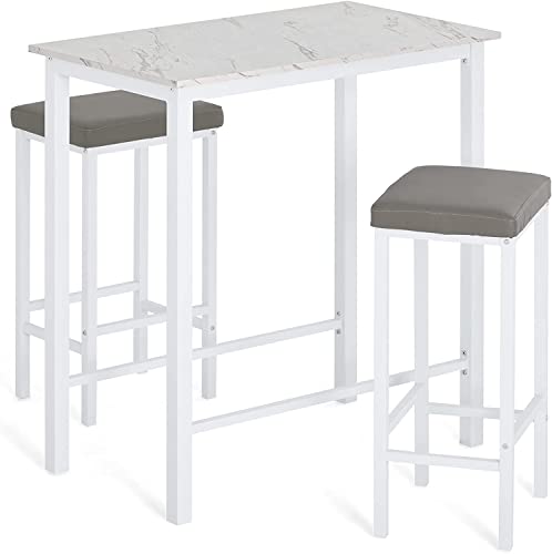Bar Table Set for 2, White Faux Marbled 3-Piece Counter Height Breakfast Table with 2 Cushioned Stools, Small Dining Kitchen Table Set for Apartment
