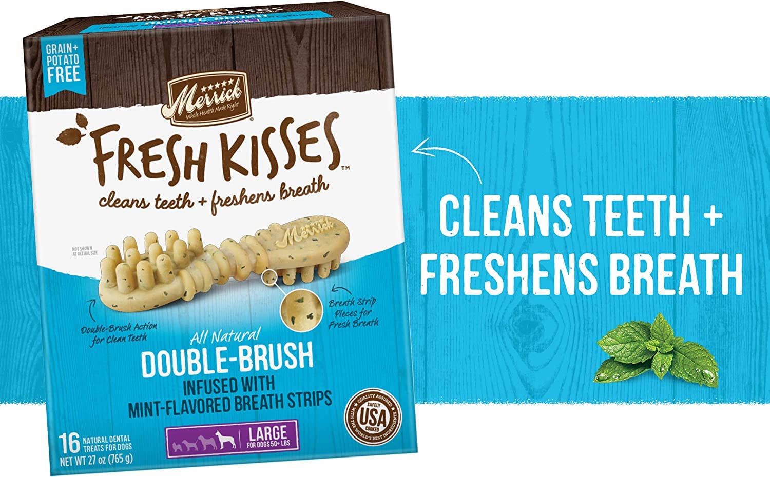 Aurora Pet Bundle Pack (2) Merrick Fresh Kisses Double-Brush Mint Breath Strip Infused Large Dental Dog Treats with AuroraPet Wipes