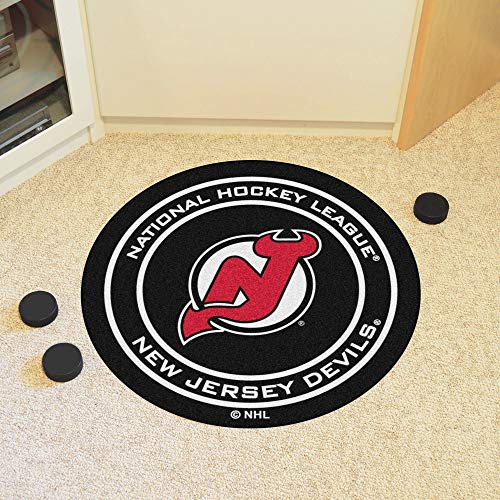 FANMATS 10416 New Jersey Devils Hockey Puck Shaped Rug - 27in. Diameter, Hockey Puck Design, Sports Fan Accent Rug
