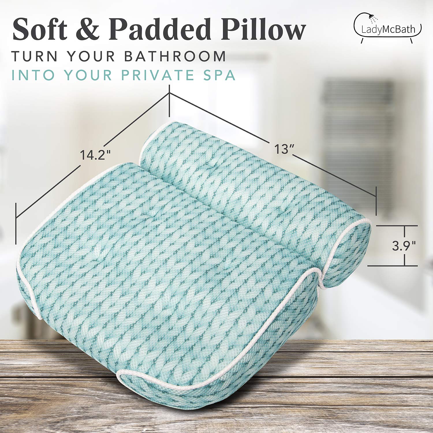 Lady McBath Bath Pillow - Luxury Bath Pillows for Tub Neck and Back Support - Powerful Suction Cups, Machine Washable Bathtub Accessory for Relaxation (Turquoise)