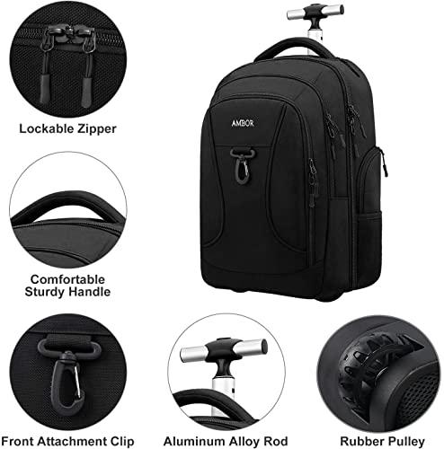 AMBOR Rolling Backpack, Waterproof 18 Inch Wheeled Backpack, Carry-on Bag Luggage Suitcase Compact Business Backpack with Wheels, Student Rolling Laptop Bag Carry Luggage - Black