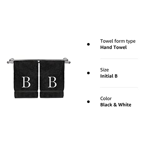 Monogrammed Hand Towel, Personalized Gift, Set of 2- White Block Letter Embroidered Towel - Extra Absorbent 100% Turkish Cotton - Soft Terry Finish - Initial B Black