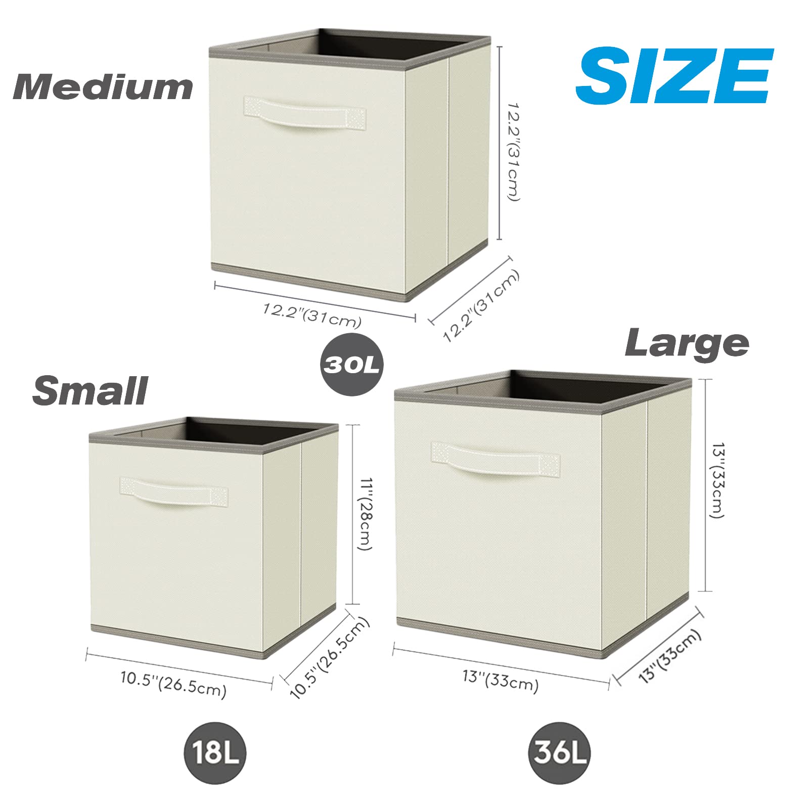 FAYYGYH Foldable Fabric Cube Storage Bins with Handles - Set of 3 Storage Box, Kids Toy Storage Organizer Boxes for Boys, Girls, Nursery Room, Playroom, Closet (Beige)