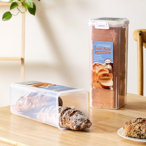 AOZITA Bread Box with Airtight Lid, Fresh Bread Storage Container, Bread Loaf Storage Dispenser, Plastic Sandwich Bread Keeper, White Lid, 2 Pack
