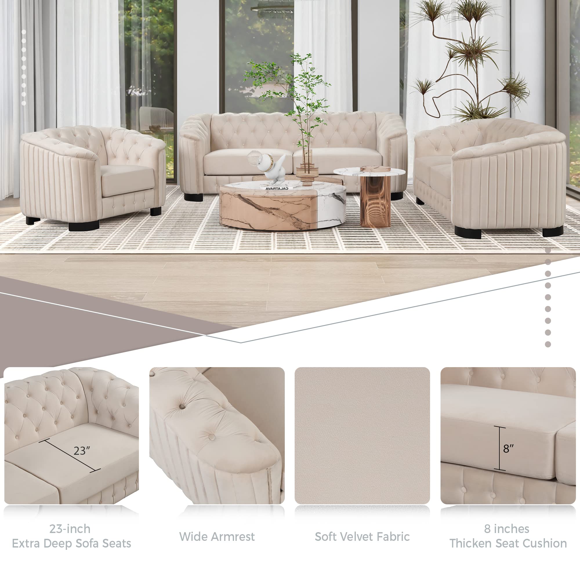 kevinplus Accent Armchair Velvet Upholstered Chesterfield Sofa Couch Single Sofa Chair, Modern Tufed Couch with Thick Removable Seat Cushion for Living Room Bedroom Small Space, Wooden Legs, Beige