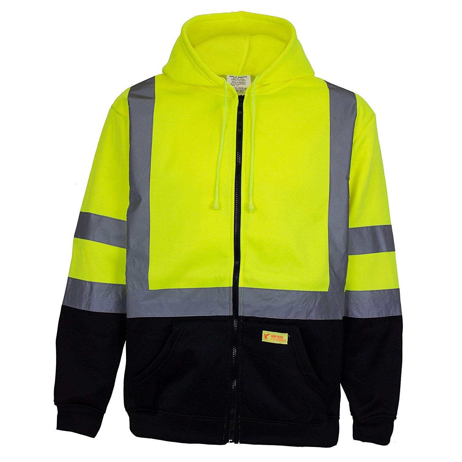 H9012 Men's ANSI Class 3 High Visibility Sweatshirt, Full Zip Hooded, Black Bottom (2XL)
