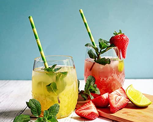 ALINK Bamboo Print Paper Straws, Biodegradable Disposable Party Drinking Straws for Juices, Shakes and Smoothies, Pack of 100