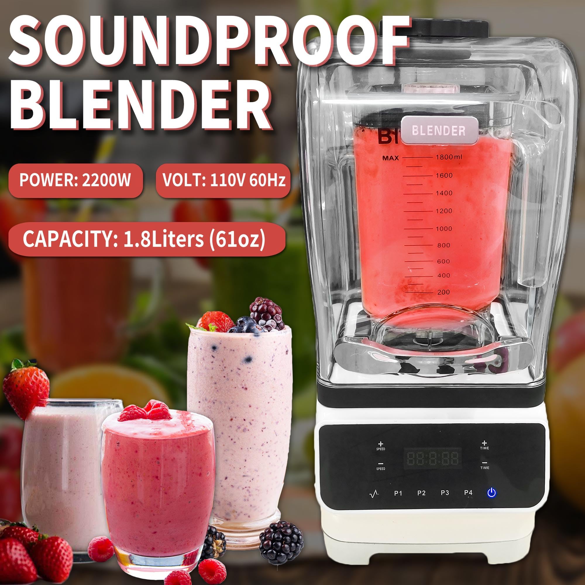 Generic Yovtekc Commercial Blender Smoothies, Blender for Kitchen with 1.8L(61oz) Plastic Jar, Countertop Blender with Sound Shield for Frozen Fruit Smoothies, High-speed Blender 2200W White