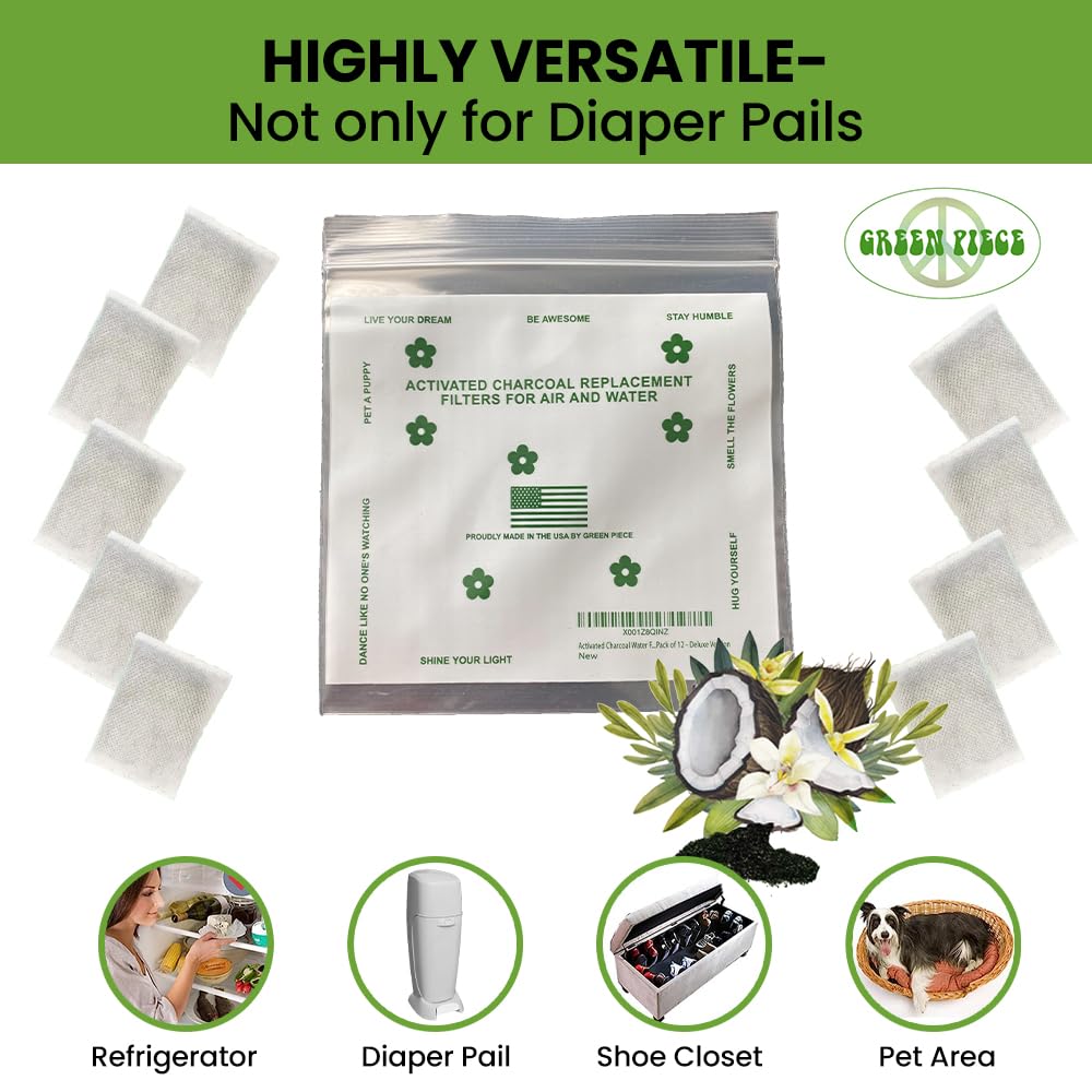 Green Piece - Overstuffed and Double Sized - All Natural Baby Diaper Pail Deodorizer Activated Charcoal (Pack of 6) 2" X 3")