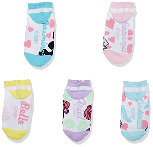 Disney Girls' Little Princess 5 Pack No Show, Pastel Assorted Big Face, Fits Sock Size 6-8.5 Fits Shoe Size 7.5-3.5