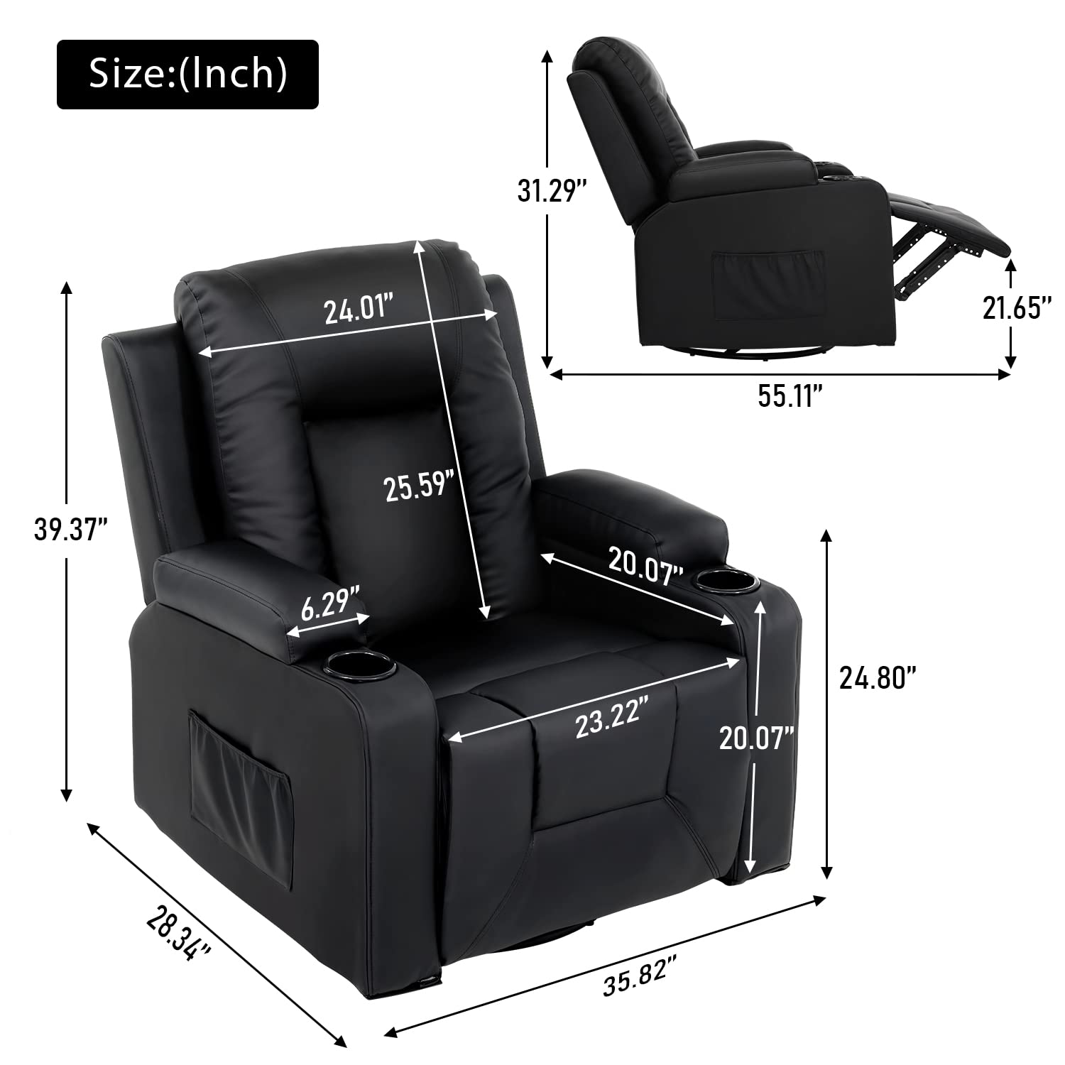 COMHOMA Recline Chair Set,Furniture 2PC Bonded Leather Recliner Set Living Room Set, Sofa, Loveseat(Black,Living Room Set3+2)