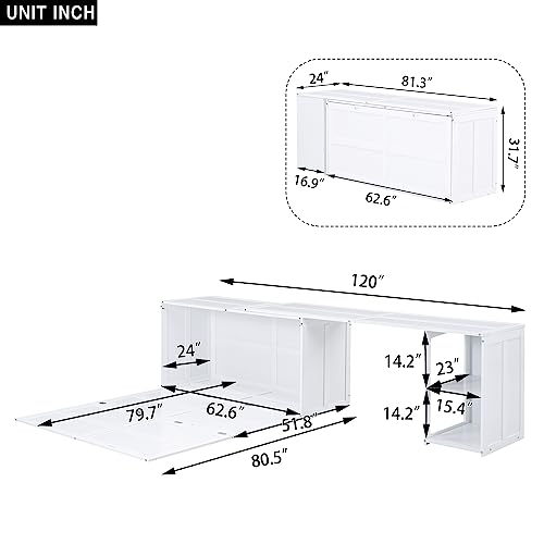 BIADNBZ Queen Size Murphy Bed with Rotable Desk and Shelves,Solid Wood Versatile Bedframe with Cabinet for Bedroom/Guest Room,White